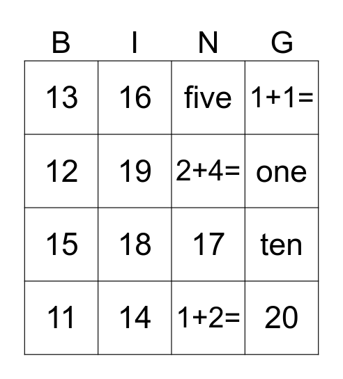 teen numbers and more Bingo Card