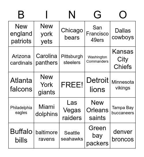 NFL Bingo Card