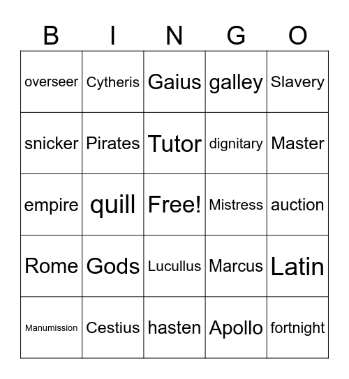 Roman Diary Bingo Card