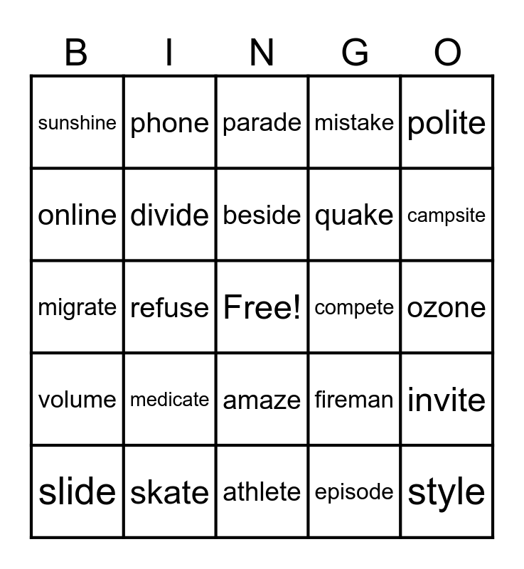 VCE Bingo Card