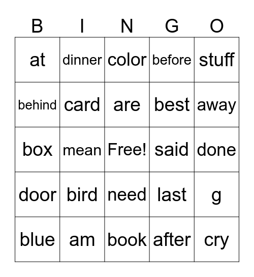 Words Bingo Card