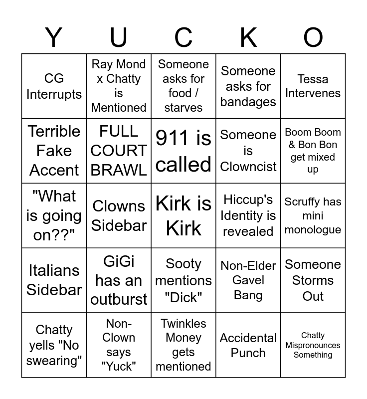 Clown Court Bingo Card