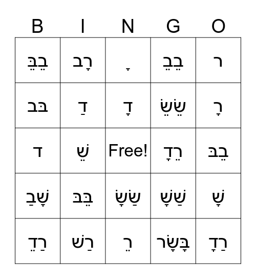 Hebrew consonants and vowels (L1-3) Bingo Card