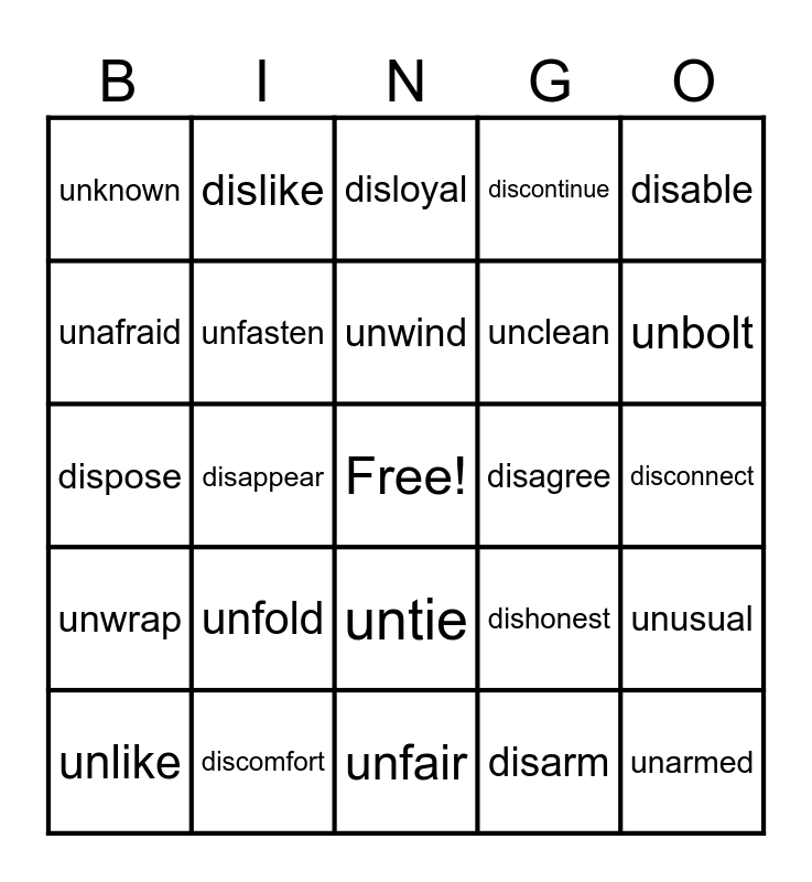 Prefixes: un- and dis- Bingo Card