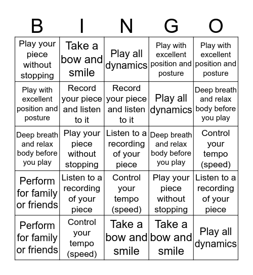 Recital Prep Bingo Card