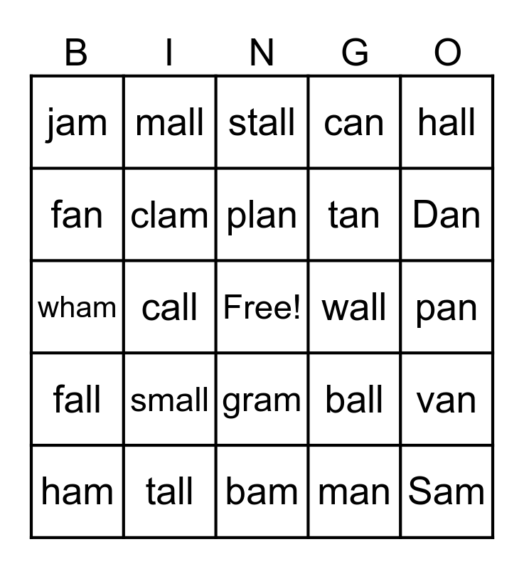 Glued Sounds (-all, -am, -an) Bingo Card