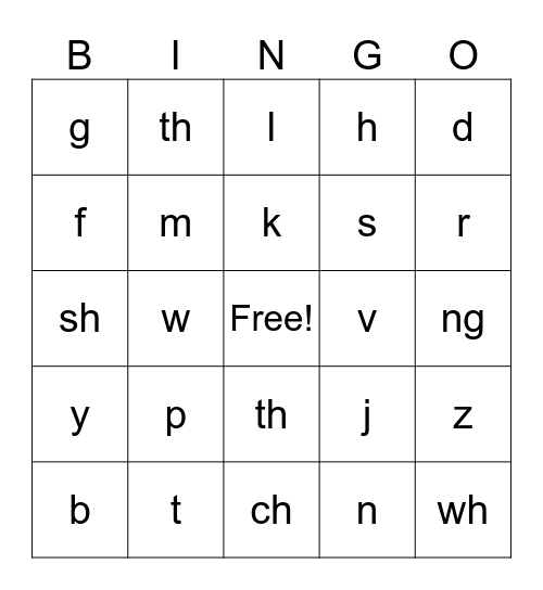 Consonant Bingo Card