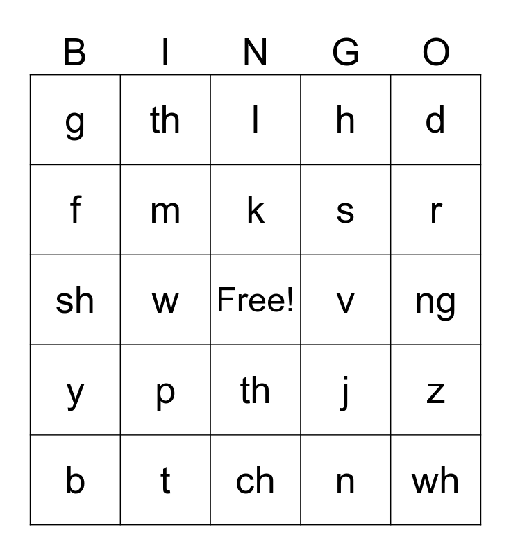 Consonant Bingo Card