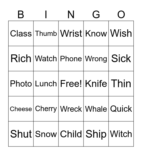 Digraph Bingo Card