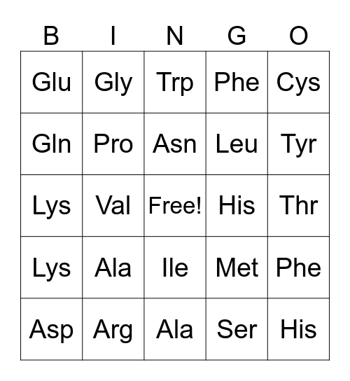 Amino Acid Bingo Card