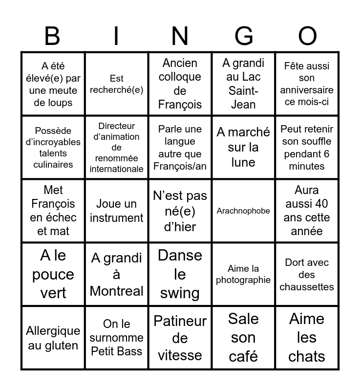 Trouve quelqu’un qui… Bingo Card