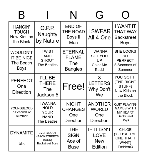 Boy Bands VS Girl Groups Bingo Card