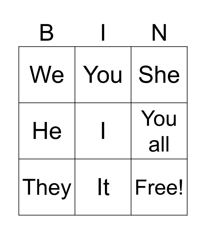 Personal Pronouns Bingo Card