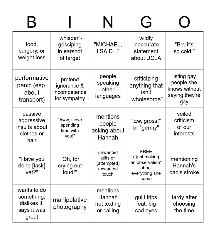 Hannah's mum in LA Bingo Card