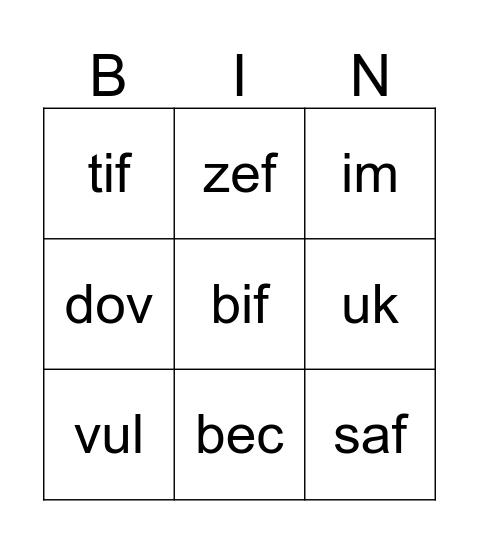 Nonsense Word Bingo Card