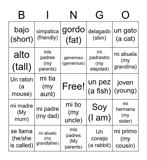 Y7 Spanish Bingo Card