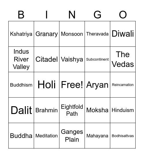 Chapter 6: Civilizations of Early India Bingo Card