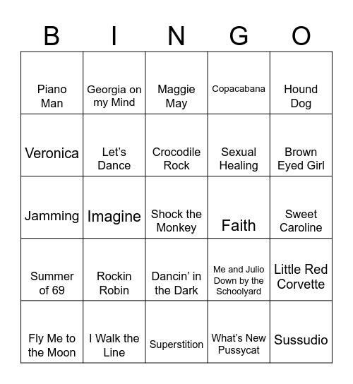 Male Solo Artist Bingo Card