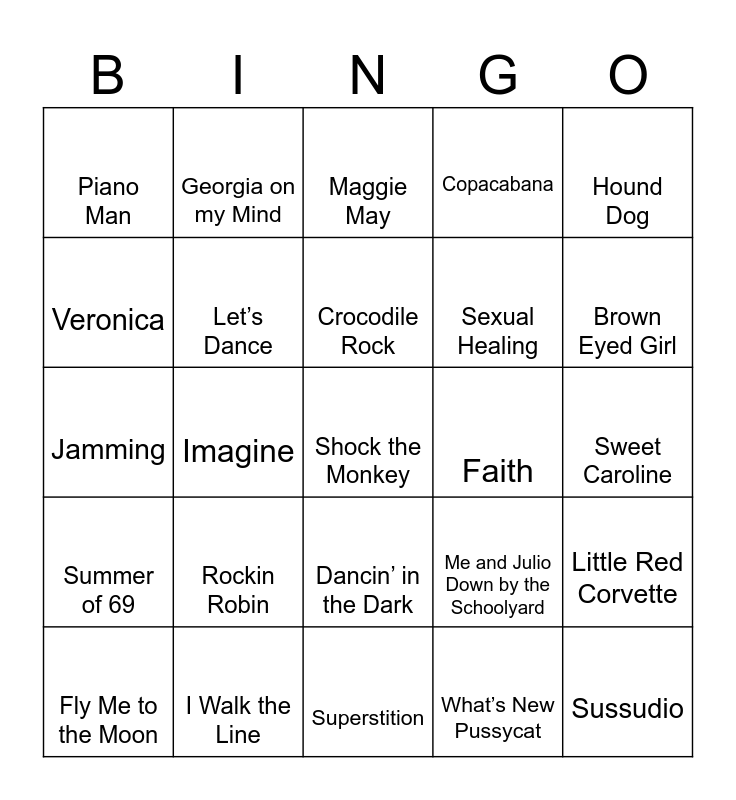 Male Solo Artist Bingo Card
