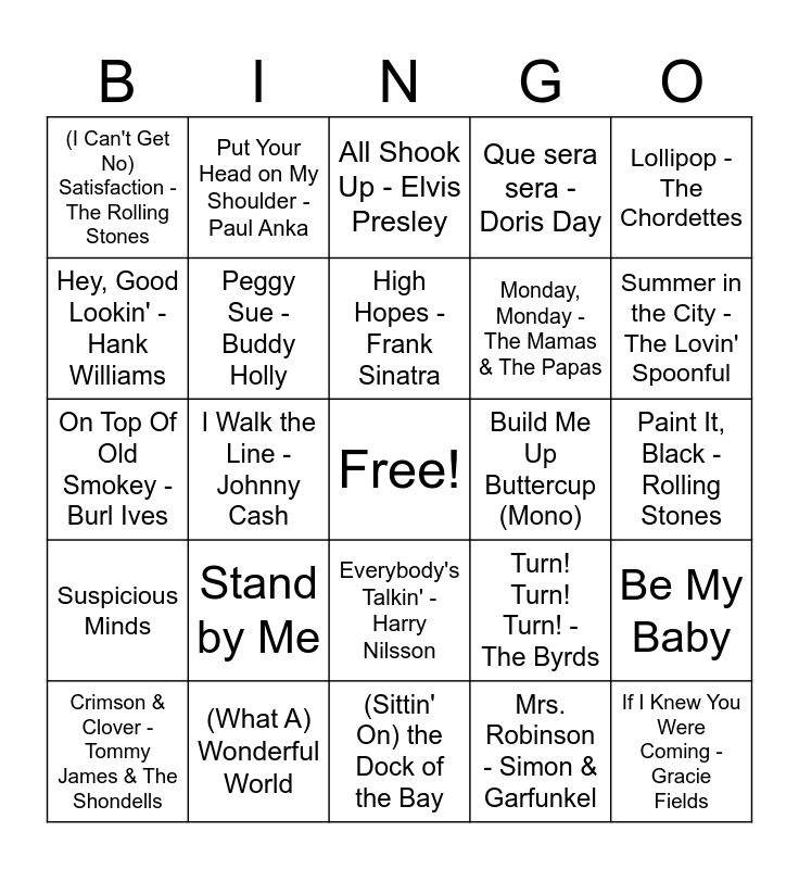 Music Bingo - 50s & 60s Bingo Card