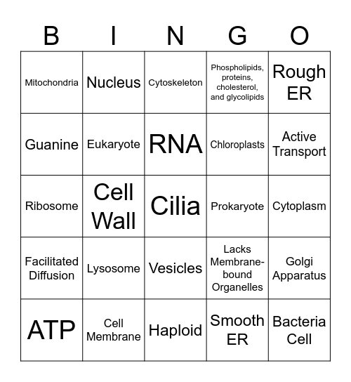 Cell Organelles Bingo Card