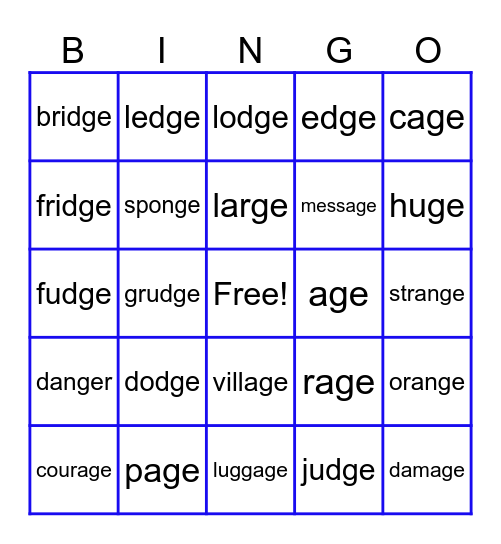 DGE and GE Words Bingo Card