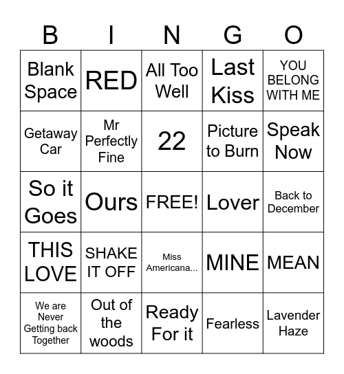 TAYLOR SWIFT SONGS Bingo Card