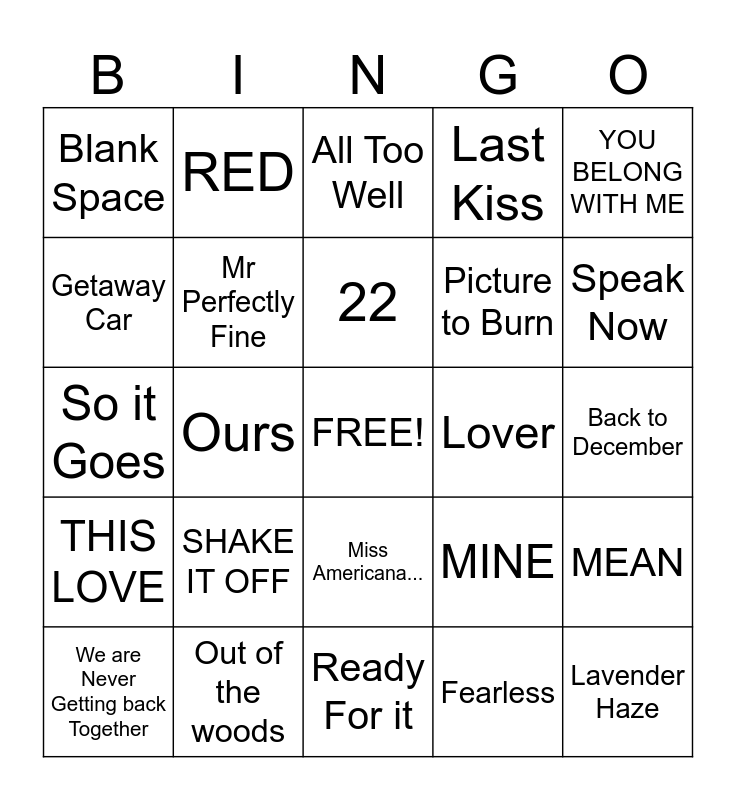 TAYLOR SWIFT SONGS Bingo Card
