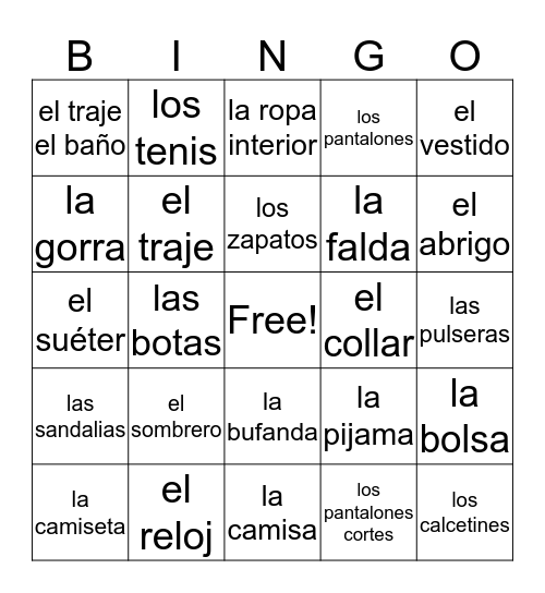 Spanish Clothing Bingo Card