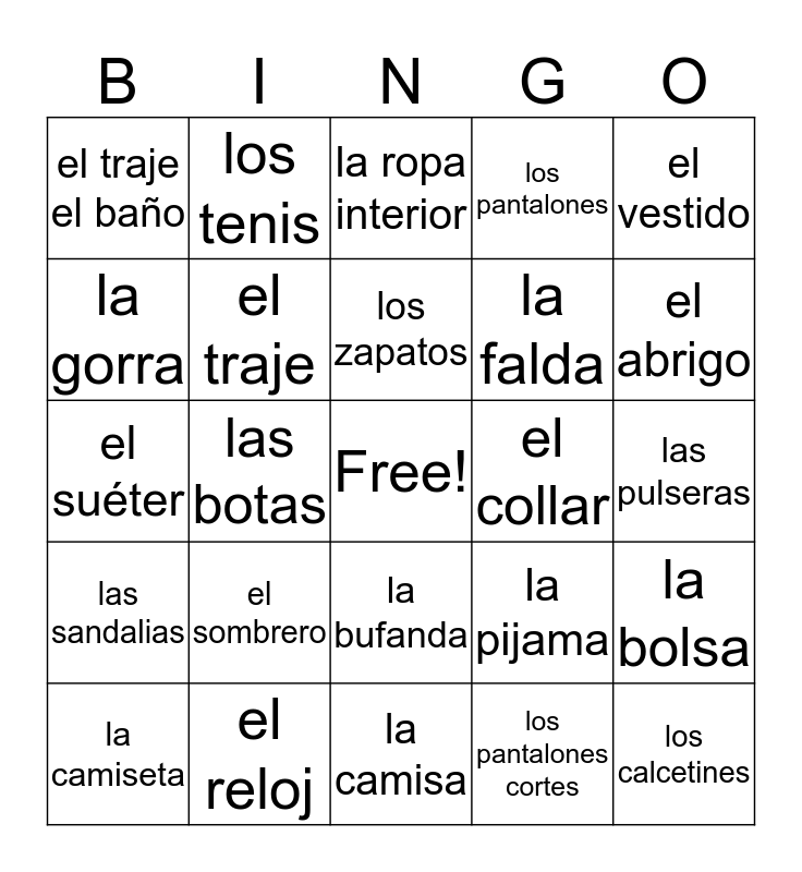 Spanish Clothing Bingo Card
