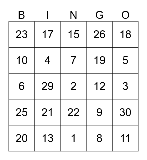 Los Números 0-30 Bingo Card