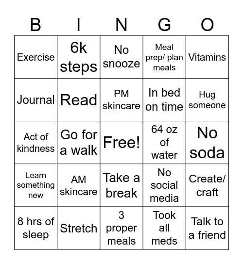 Daily Wellness Bingo Card