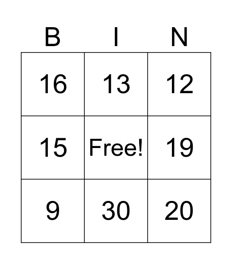 numbers Bingo Card