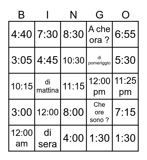 Che ore sono? Bingo Card