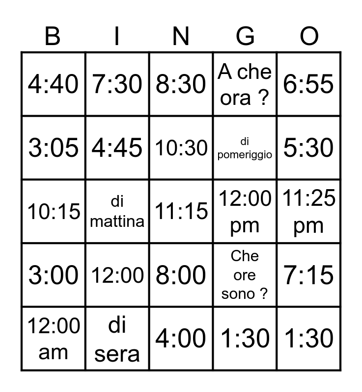 Che ore sono? Bingo Card