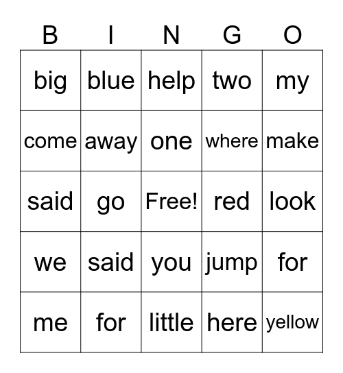 Dolch Pre-Primer Set 1 Bingo Card