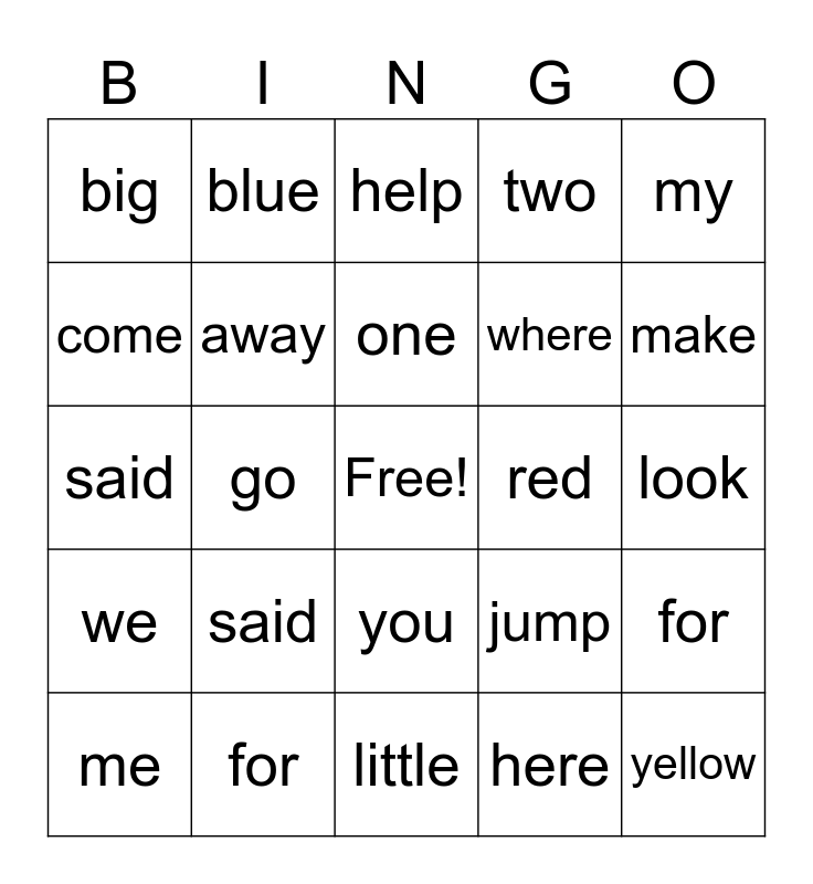 Dolch Pre-Primer Set 1 Bingo Card
