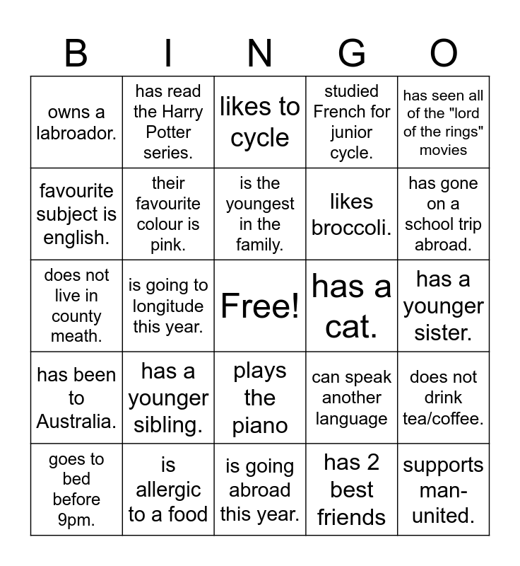 Get to know each other! Bingo Card