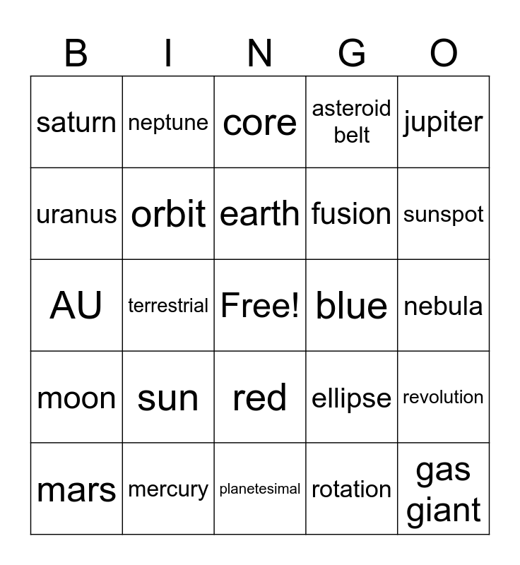Sun and Planets Bingo Card