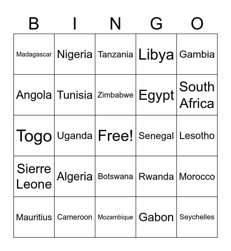 Africa Bingo Card