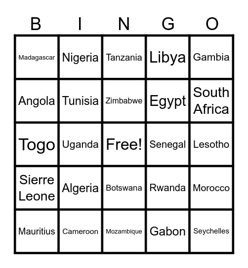 Africa Bingo Card