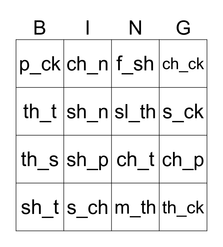 ch, ck, th, sh - Consonant Digraphs Bingo Card