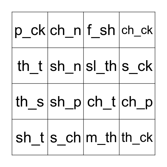 Consonant Digraphs Bingo Card