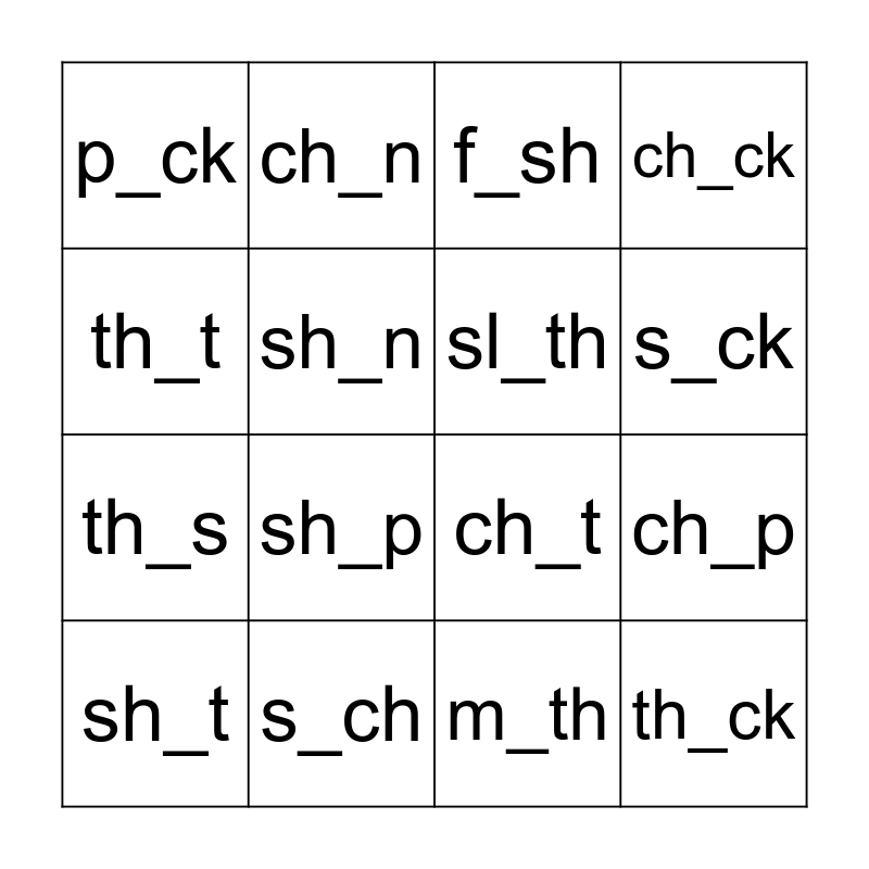 Consonant Digraphs Bingo Card