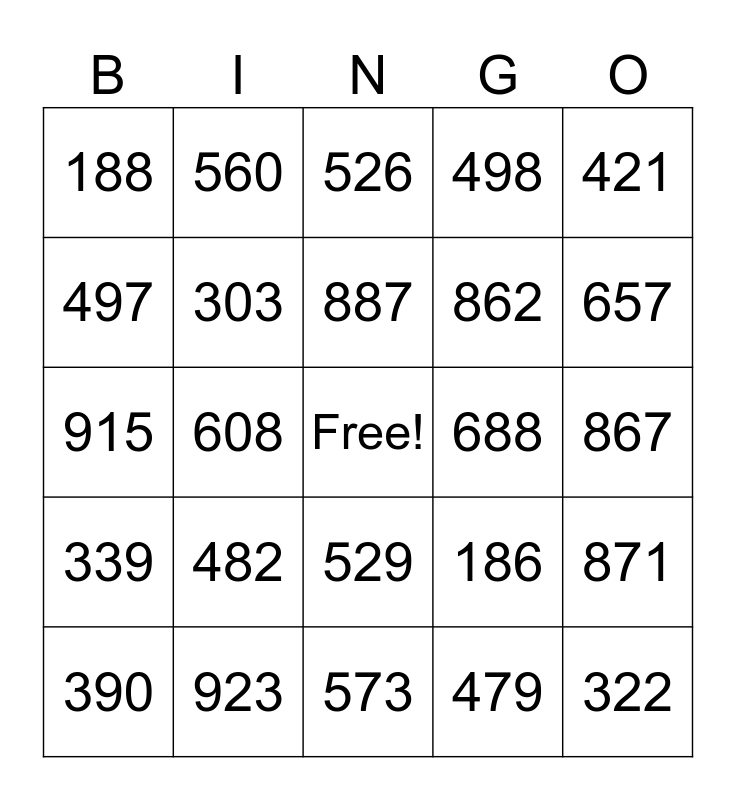 Three Digit Numbers Bingo Card