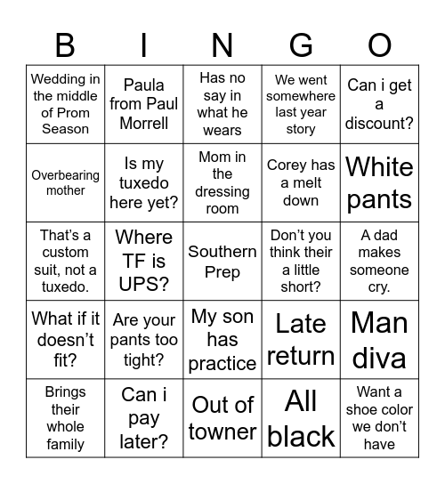 Prom Bingo Card