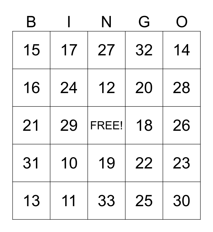 2 Digit Numbers Bingo Card
