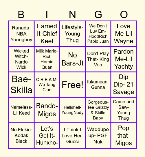 Hip-Hop/Rap Bingo Card