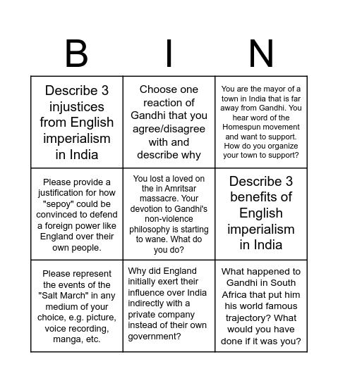 Gandhi Bingo Card