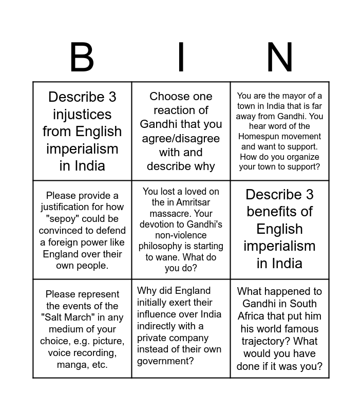 Gandhi Bingo Card